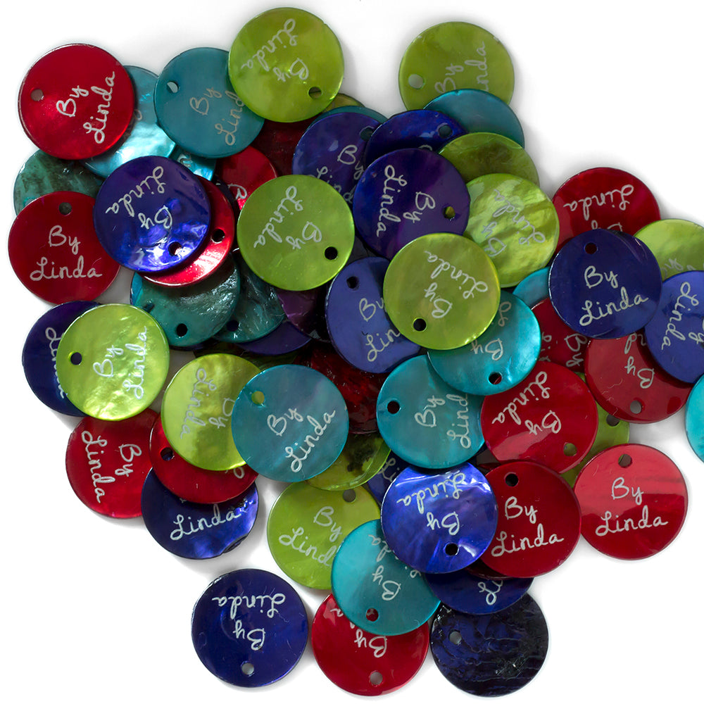 15mm Round shell hang labels / tags with your custom text printed 100 ...